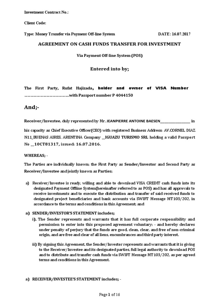 1 - Agreement On Cash Funds Transfer For Investment | PDF | Wire ...