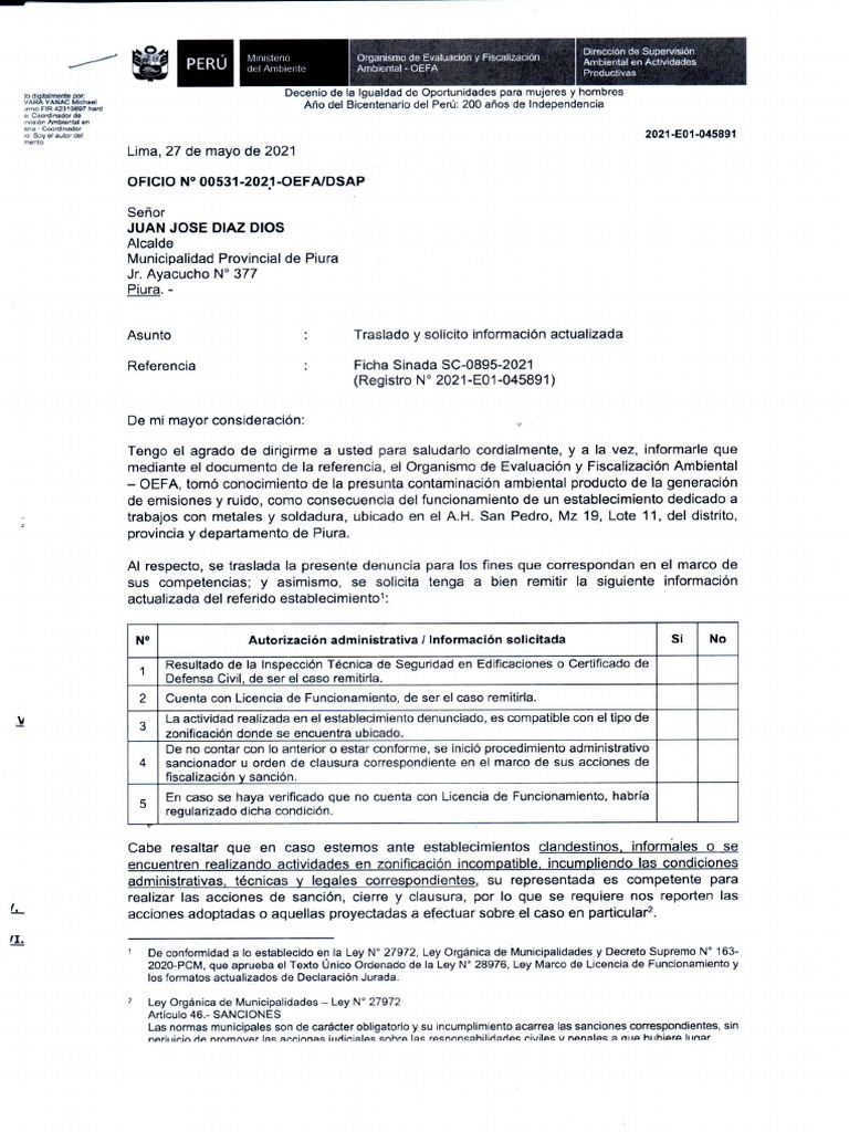 Oficio 531-2021-Oefa | PDF
