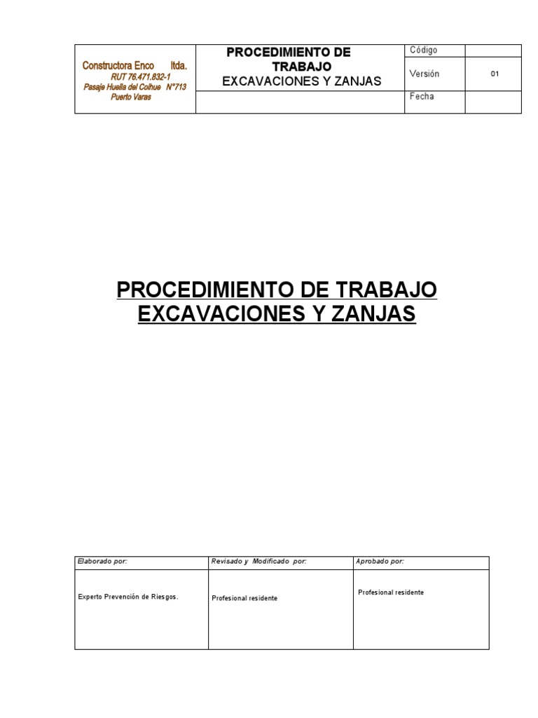 Procedimiento Excavaciones y Zanjas | PDF | Agua | Naturaleza
