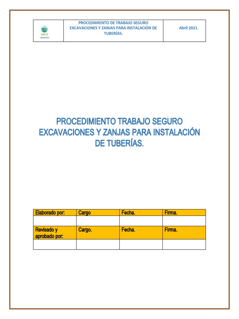 Procedimiento Trabajo Seguro Excavaciones y Zanjas para Instalación de ...