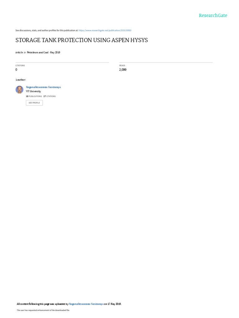 Storage Tank Protection Using Aspen Hysys: Petroleum and Coal May 2019 ...
