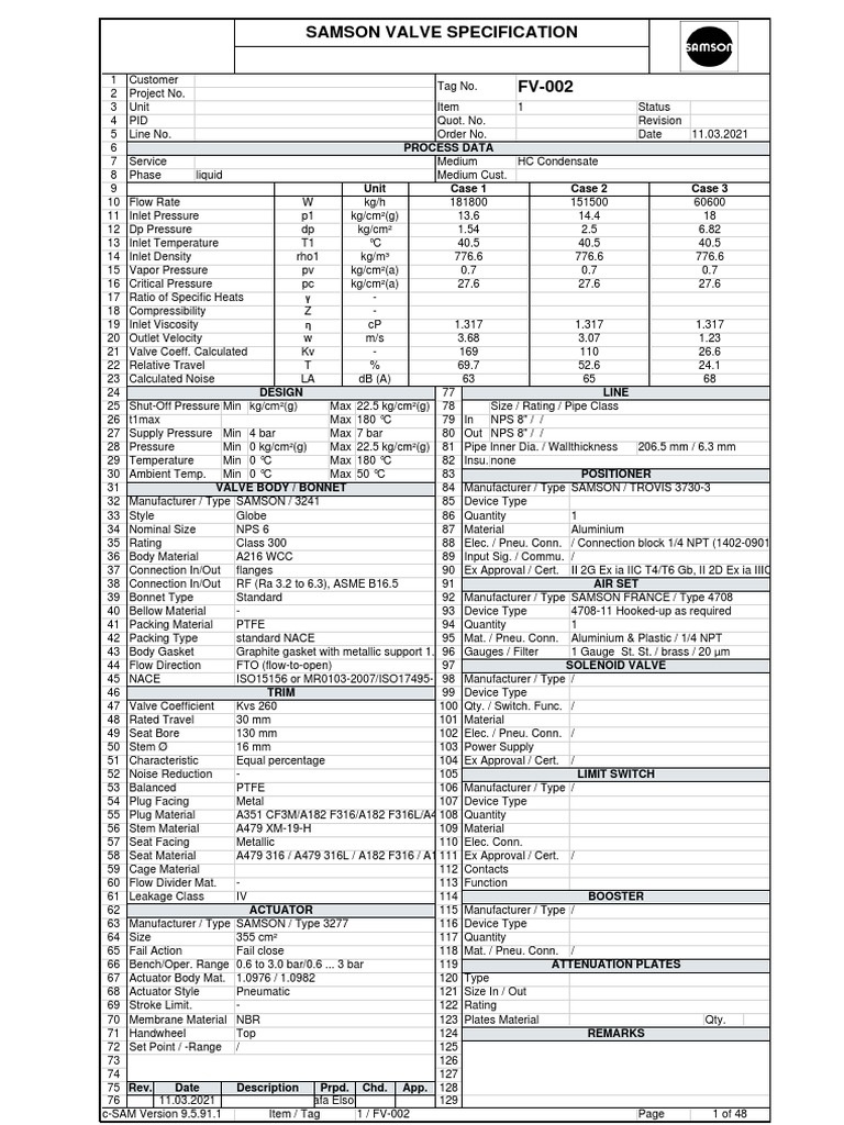 Samson Valve Specification: Process Data | PDF | Valve | Liquids