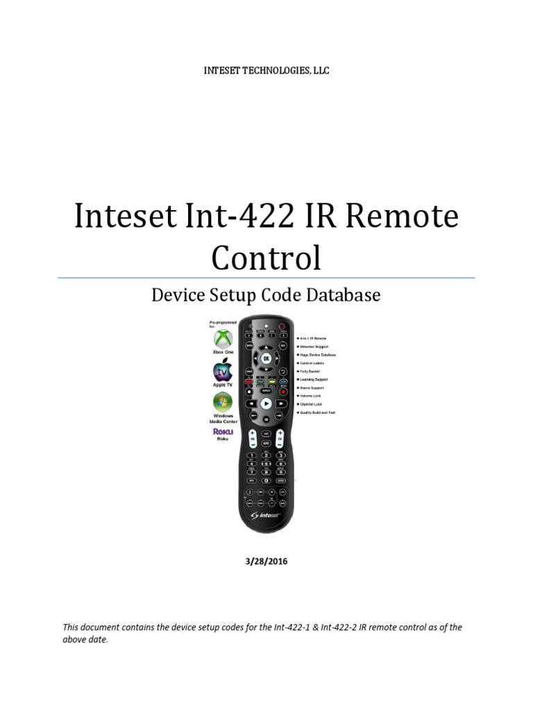 Inteset Int-422 IR Remote Device Setup Code Database | PDF | Remote ...