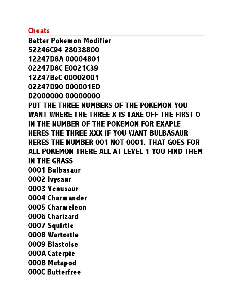 Pokemon Cheat Codes | Download Free PDF | Nintendo | Nintendo Franchises
