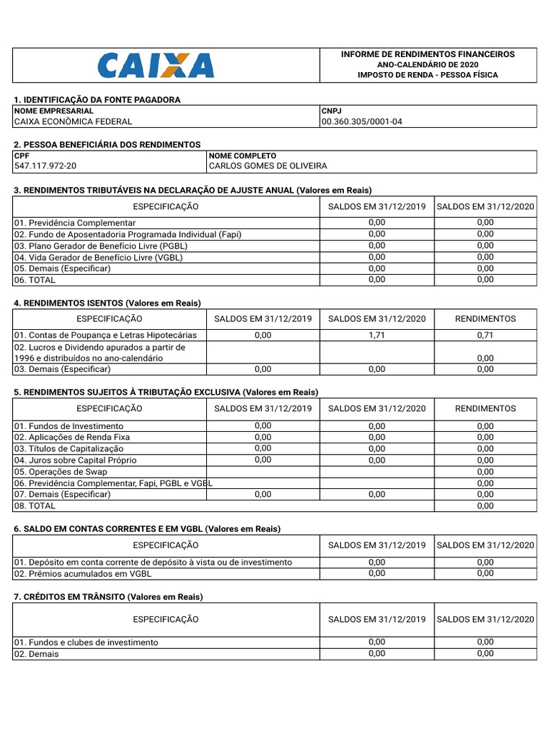 Informe de Rendimentos Caixa Tem | PDF | Conta de transação | Renda