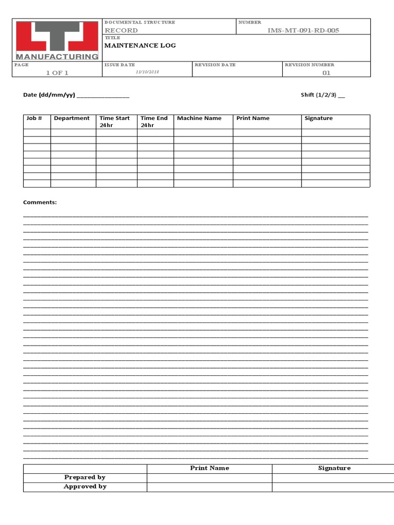 Maintenance Log Template | PDF | Printing | Written Communication