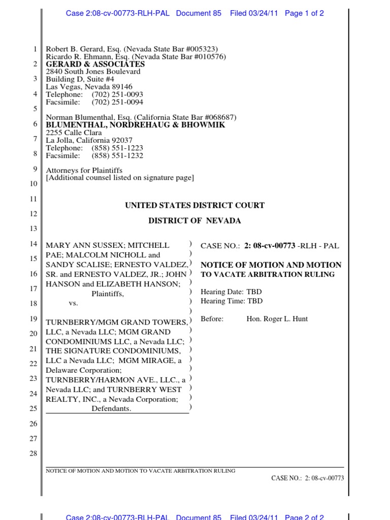 Motion To Vacate Arbitration and Supporting Documents in Consumer Lawsuit Against MGM Turnberry ...
