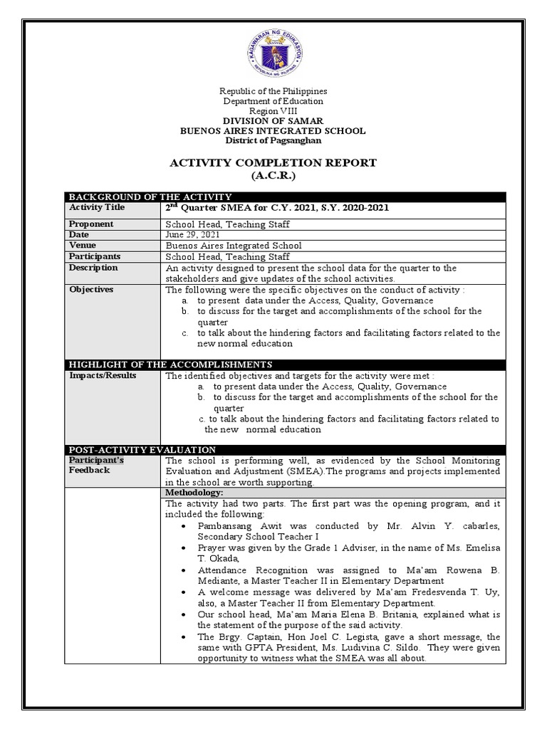 Activity Completion Report (A.C.R.) : 2 Quarter SMEA For C.Y. 2021, S.Y ...