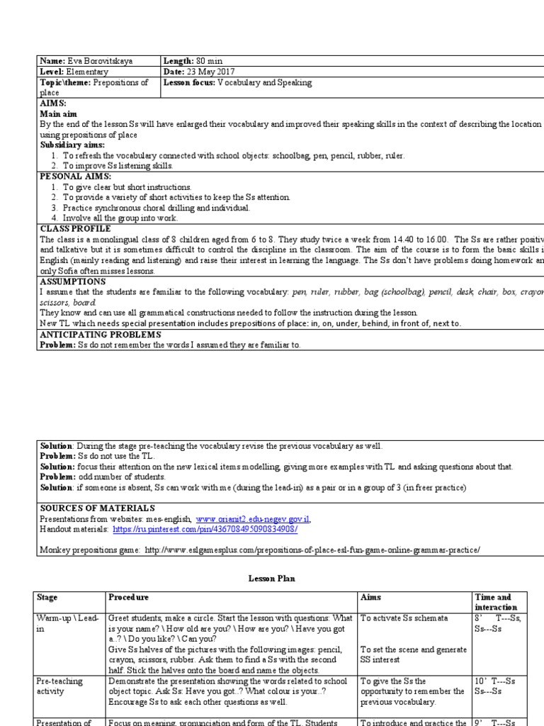 Lesson Plan Prepositions | PDF | Vocabulary | Lesson Plan