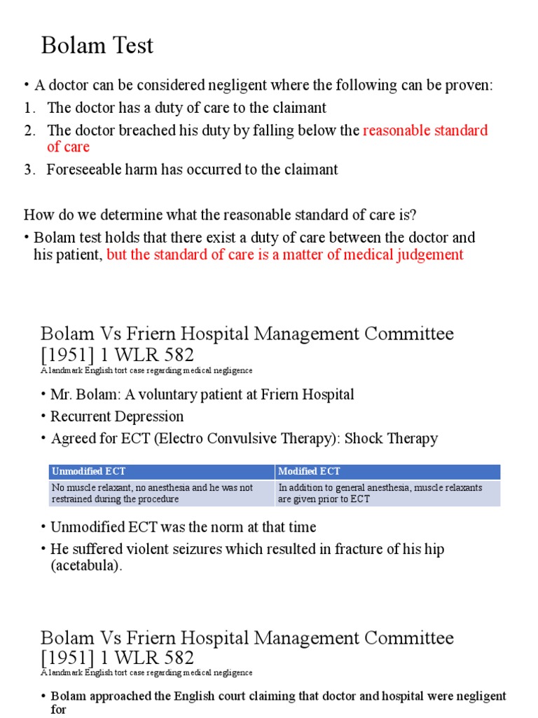 Bolam Test Landmark Case | PDF | Private Law | Legal Concepts