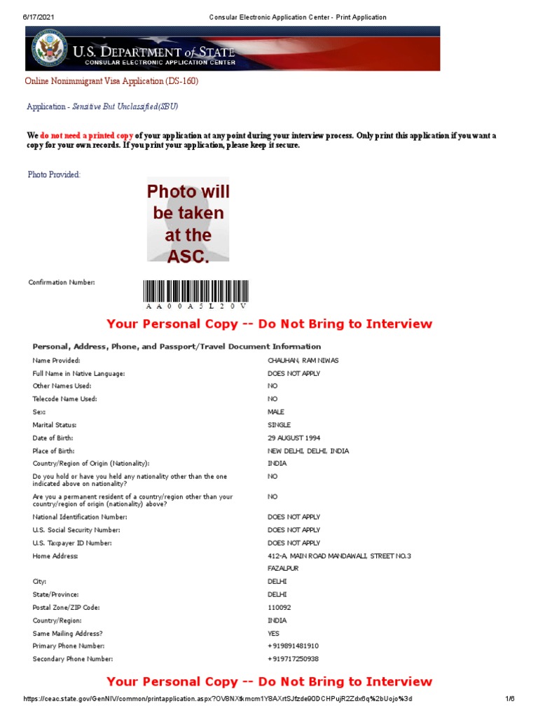 DS-160 Application Printout Guide | PDF | Travel Visa | Zip Code