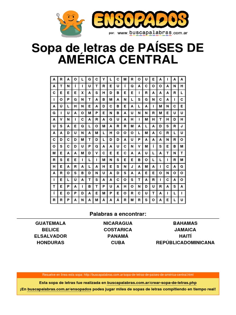 Sopa de Letras de Países de América Central | PDF | Centroamérica