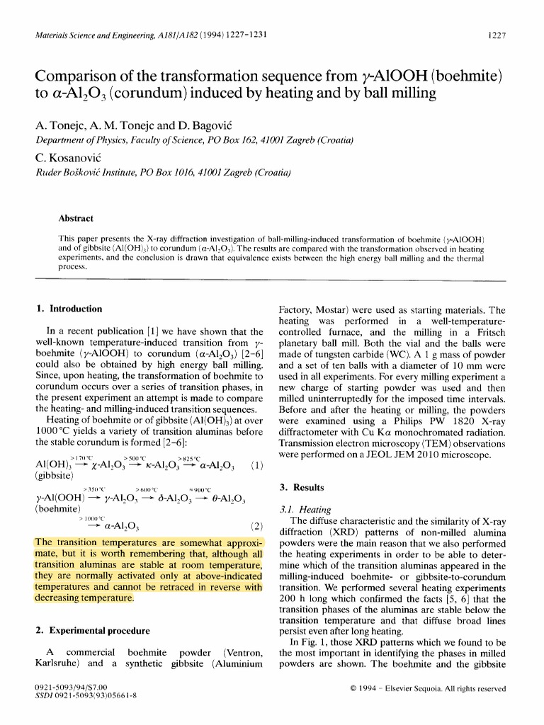 Comparison of the Transformation Sequence From Γ-AlOOH (Boehmite) to Α ...