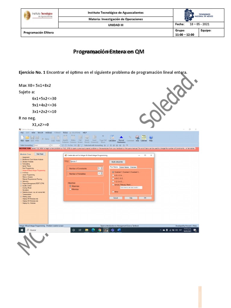 TC Programación Lineal Entera QM | PDF | Optimización Matemática ...