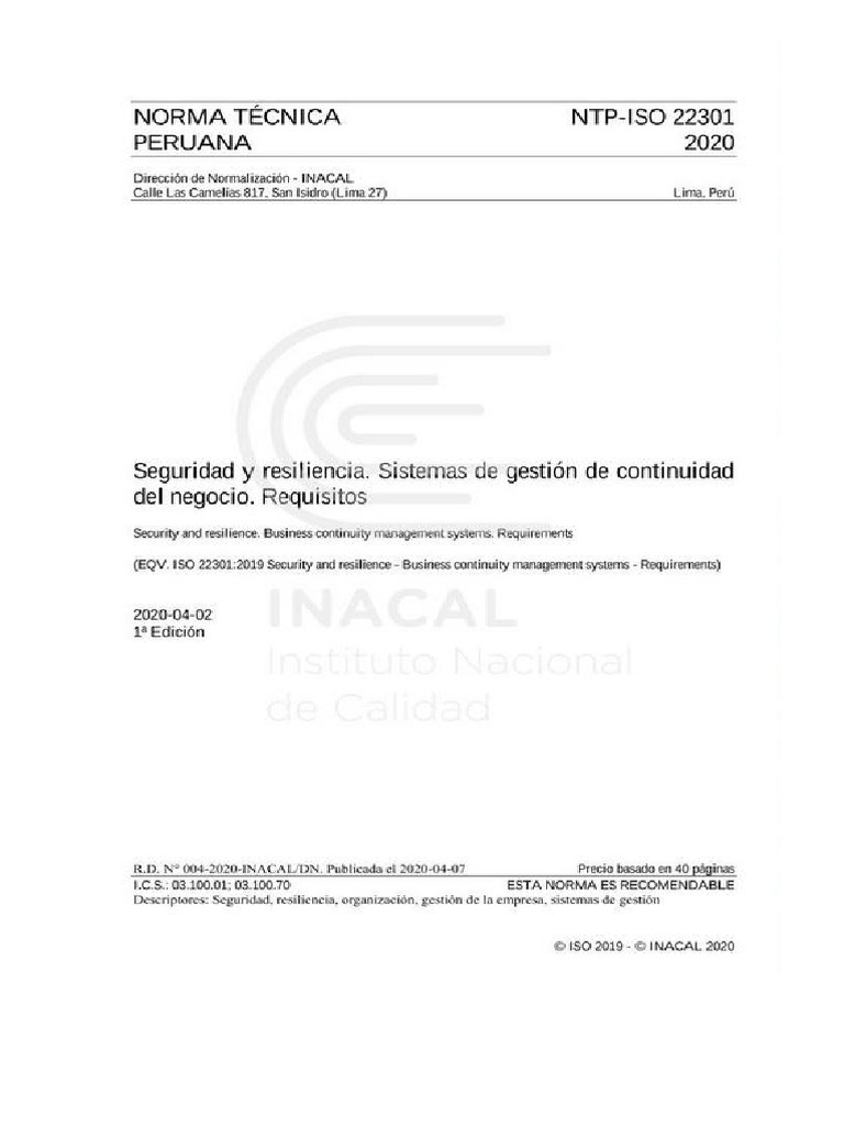 ISO 22301 Seguridad y Resilencia Sistemas de Gestion de Continuidad Del Negocio | PDF
