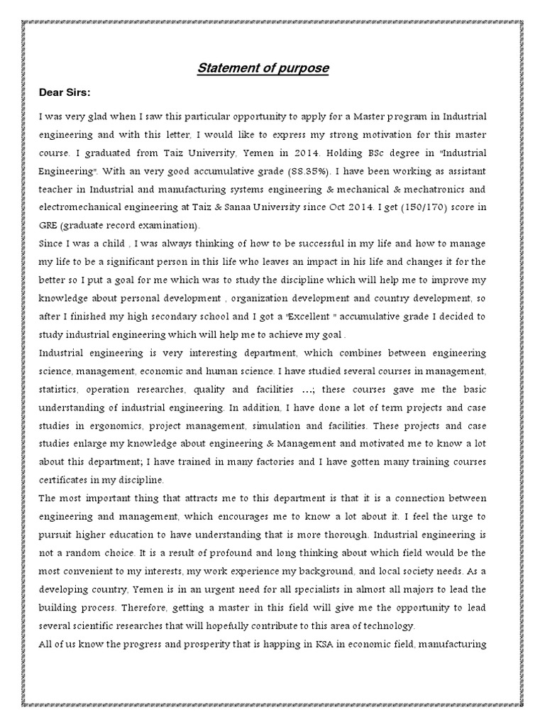 Statement of Purpose For Industrial Engineering | PDF | Industrial ...