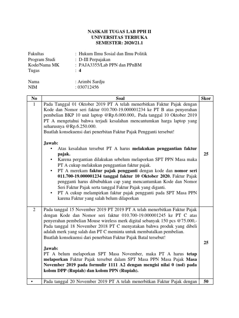Naskah - PAJA3355 - Tugas4 LAB PPN Dan PPNBM Arimbi Sardju 030712456 | PDF