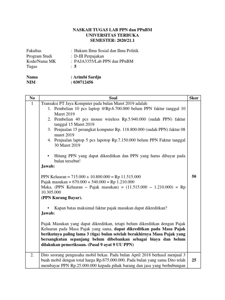 Naskah - PAJA3355 - Tugas5 LAB PPN DAN PPNBM ARIMBI SARDJU 030712456 | PDF | Karier ...