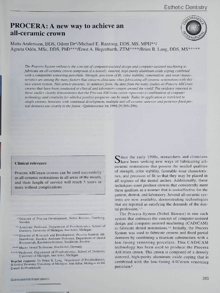 PROCERA: A New Way To Achieve An All-Ceramic Crown | PDF | Fracture ...