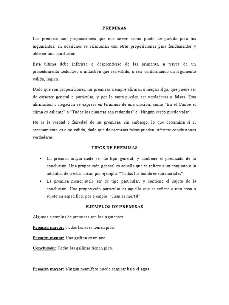 Tipos y ejemplos de premisas | PDF | Proposición | Argumento