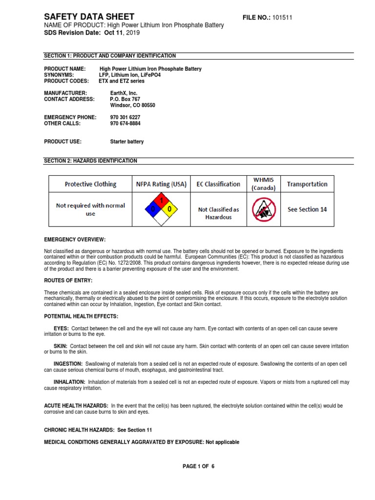 Battery SDS Rev-Oct-2019 | PDF | Dangerous Goods | Water