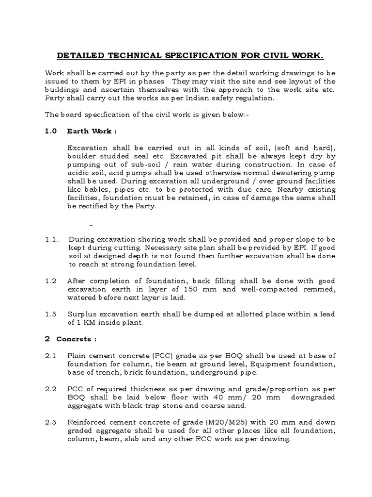 Detailed Civil Work Technical Specifications | PDF | Nature | Concrete