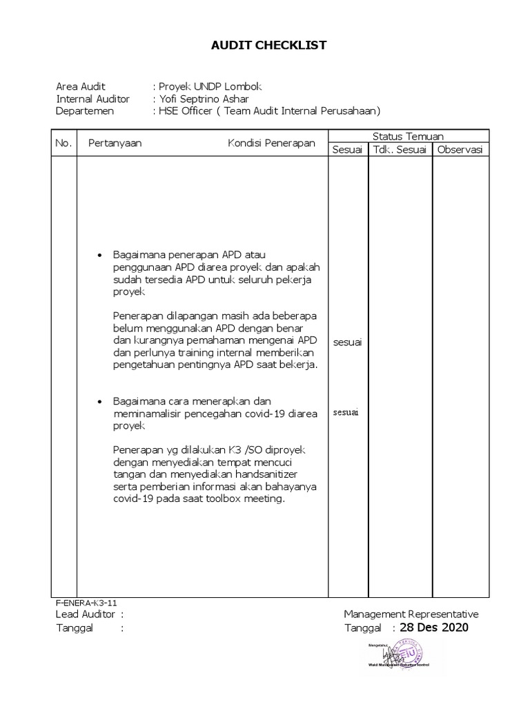 F ETU K3 11 Audit Checklist Kosong | PDF