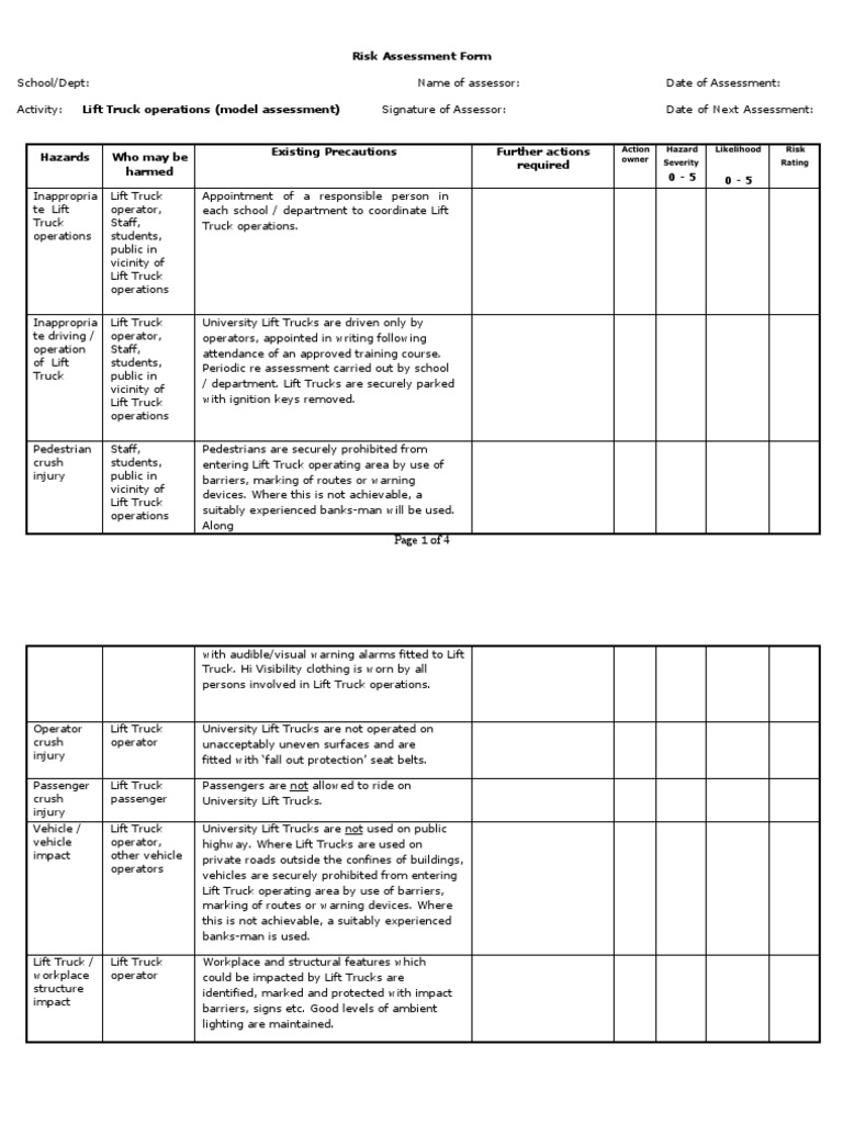 Forklift Risk Assessment | PDF | Forklift | Safety