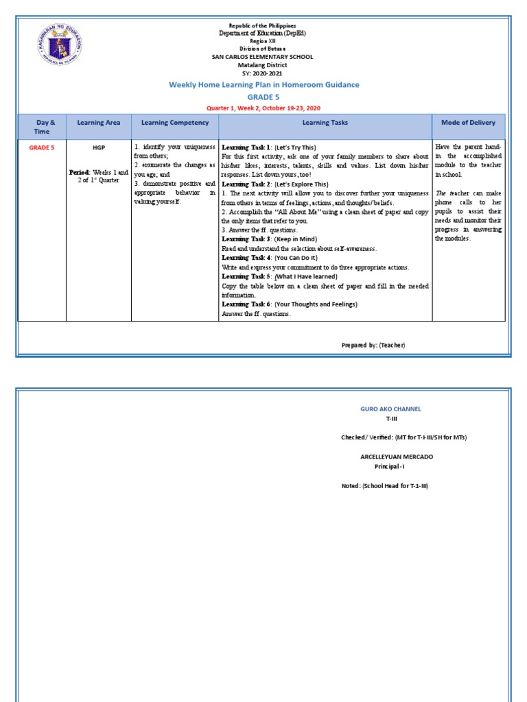 Weekly Home Learning Plan in Homeroom Guidance Grade 5 | PDF | Teaching ...