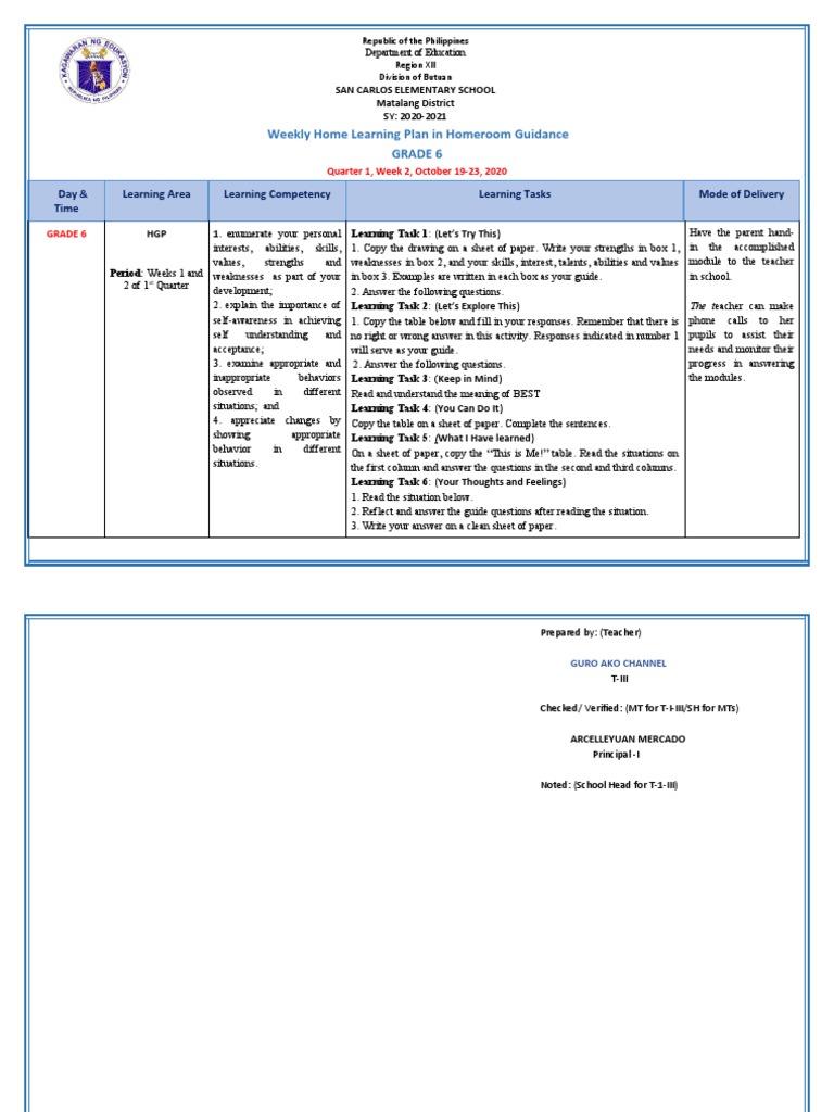 Weekly Home Learning Plan in Homeroom Guidance Grade 6 | PDF | Applied ...