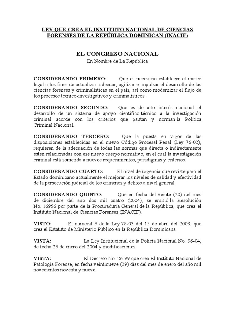Ley de Creación del INACIF en RD | PDF | Ciencia forense | República ...