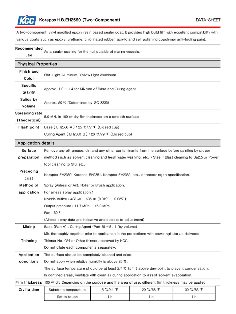 KCC DATASHEET KorepoxH.B.eh2560 (Two-Component) Eng | PDF | Paint ...
