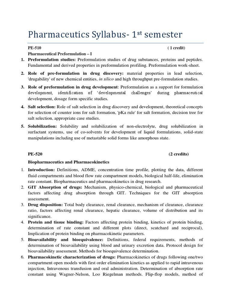 Pharmaceutics Syllabus-1 Semester: PE-510 (1 Credit) Pharmaceutical Preformulation - I | PDF ...