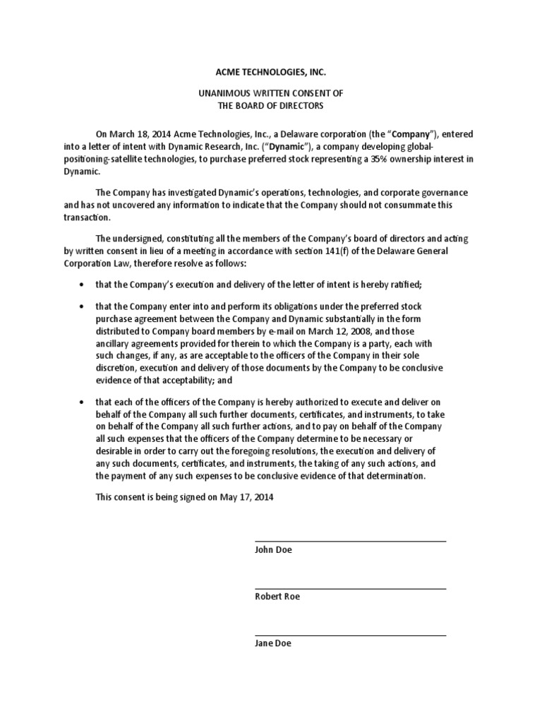 Board-Consent (Ken Adams Template) | PDF | Board Of Directors | Stocks