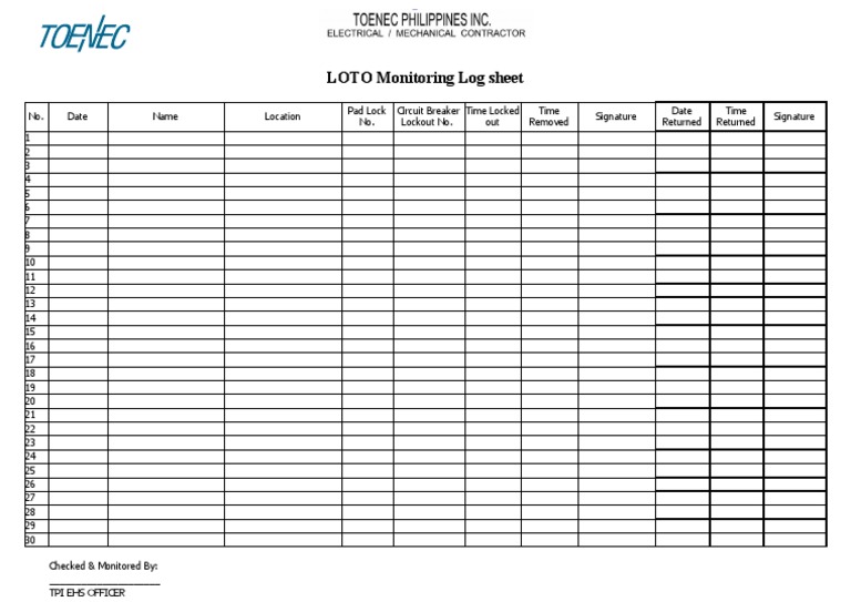 LOTO Monitoring Log Sheet Template | PDF