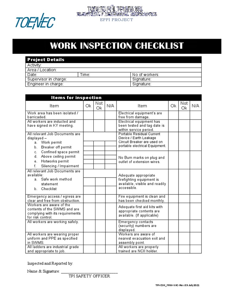 Work Inspection Checklist | PDF | Manufactured Goods | Occupational ...