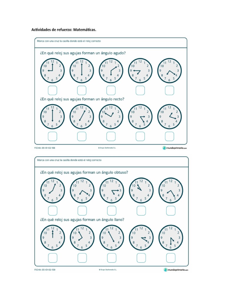 Actividades de Refuerzo Ángulos Reloj. | PDF