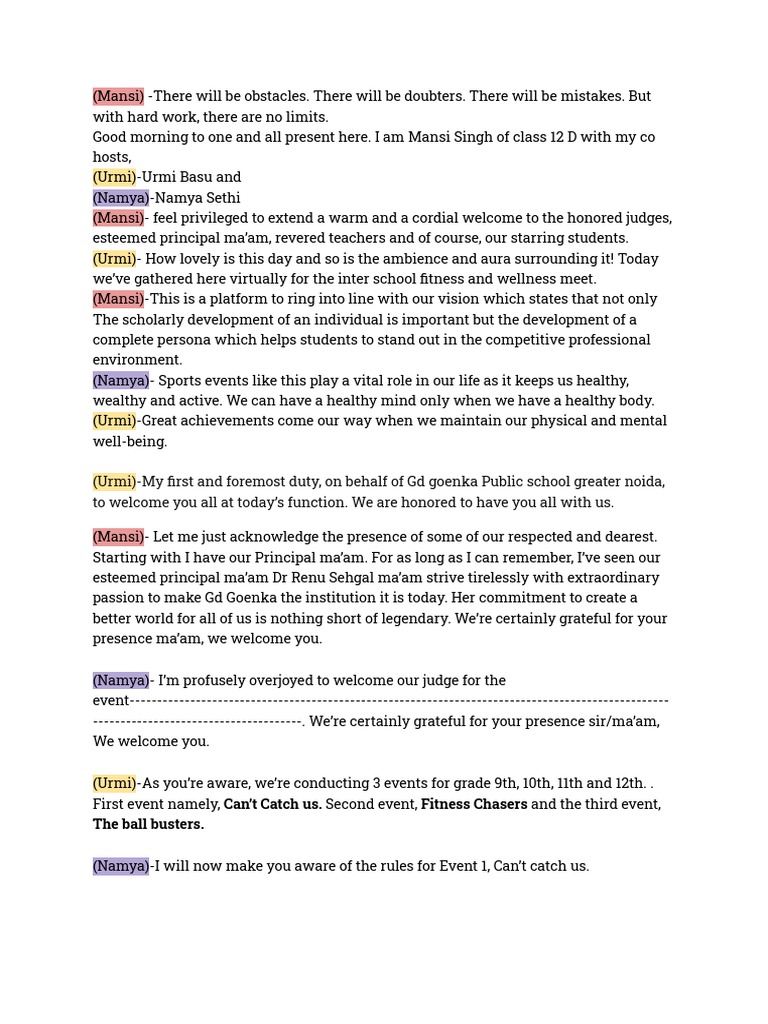 Script - Inter School Health and Wellness Meet | PDF | Anatomical Terms ...