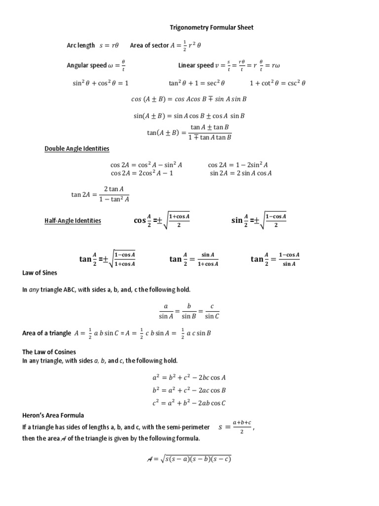 Trig Formula Sheet | PDF | Sine | Trigonometric Functions