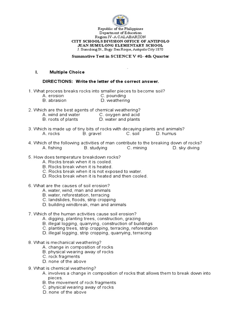 Soil Erosion and Weathering Test for 4th Graders | PDF | Erosion ...