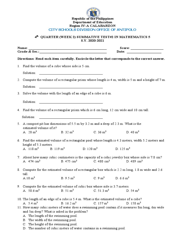 4th Quarter Summative Test in MATH 2 | PDF | Volume | Length