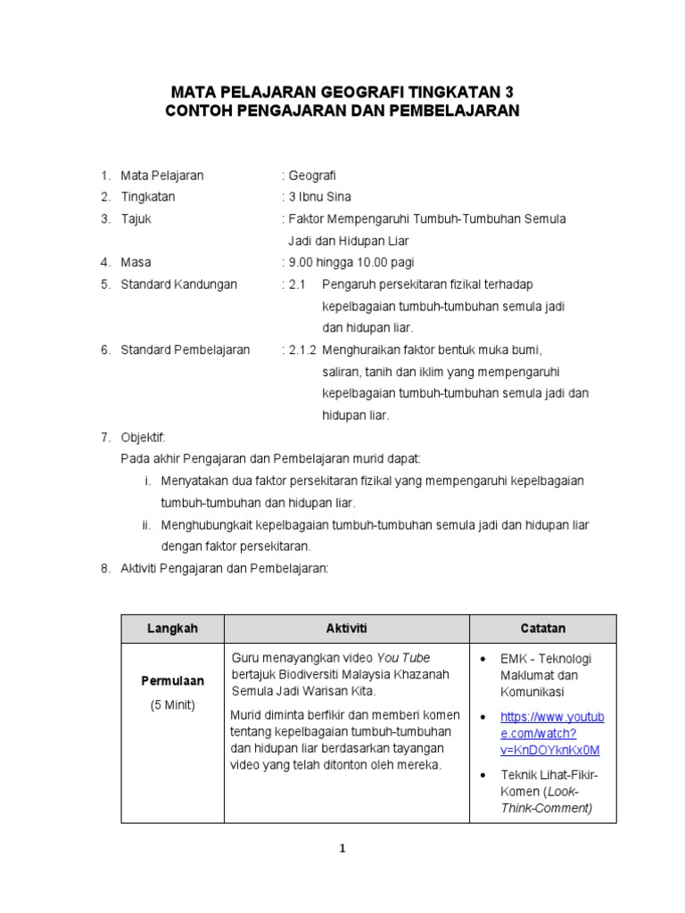 Contoh RPH Geografi Tingkatan 3 | PDF