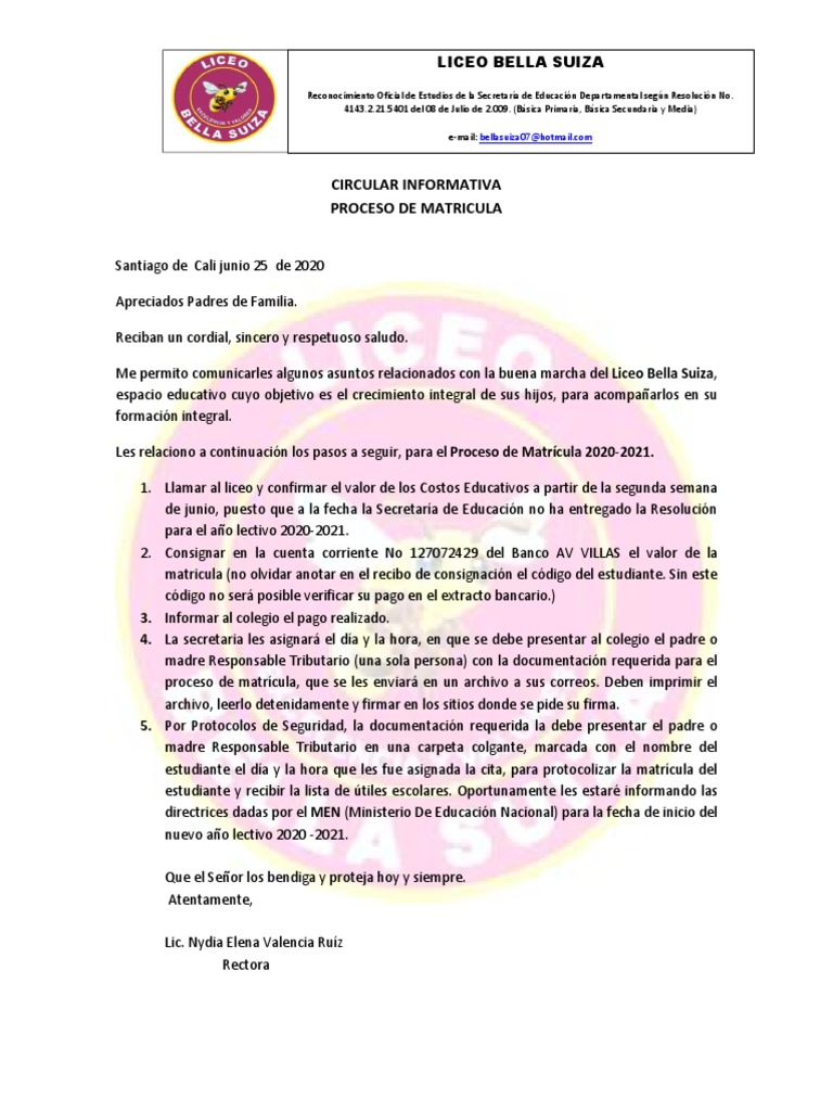 Circular Informativa | PDF | Escuelas primarias | Bancario