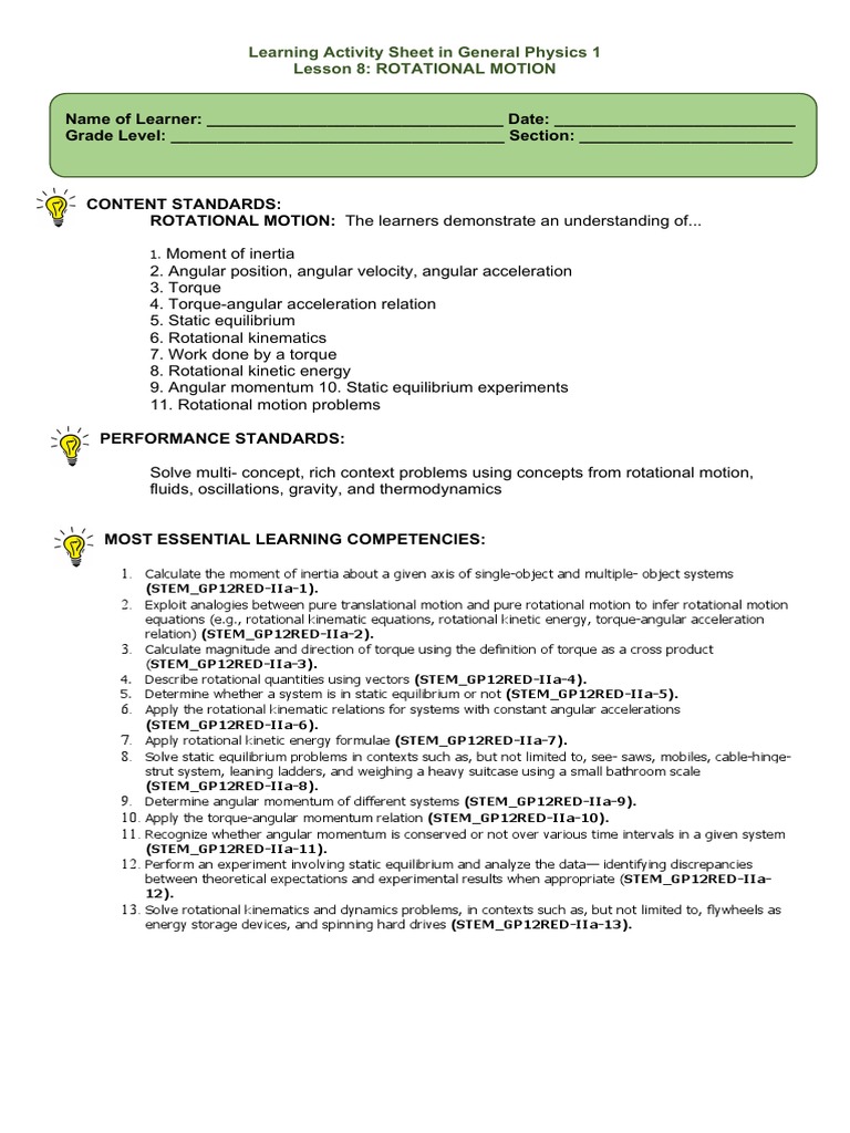 Learning Activity Sheet in General Physics 1 Lesson 8: Rotational ...