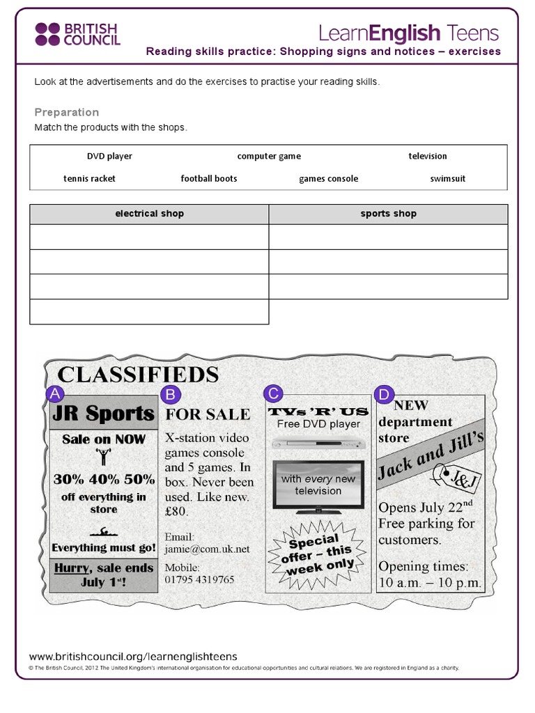 Shopping - Signs - Exercises - 5 - READING | PDF