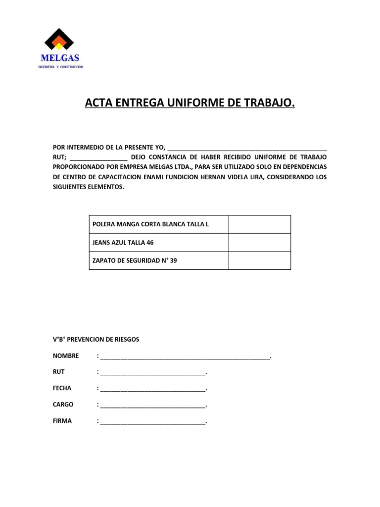 Acta Entrega Uniforme De Trabajo Pdf