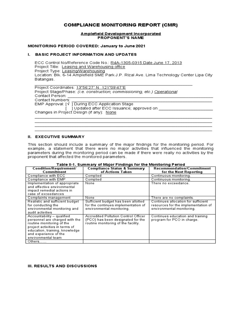 CMR Compliance Monitoring Report New Format | PDF | Environmental ...