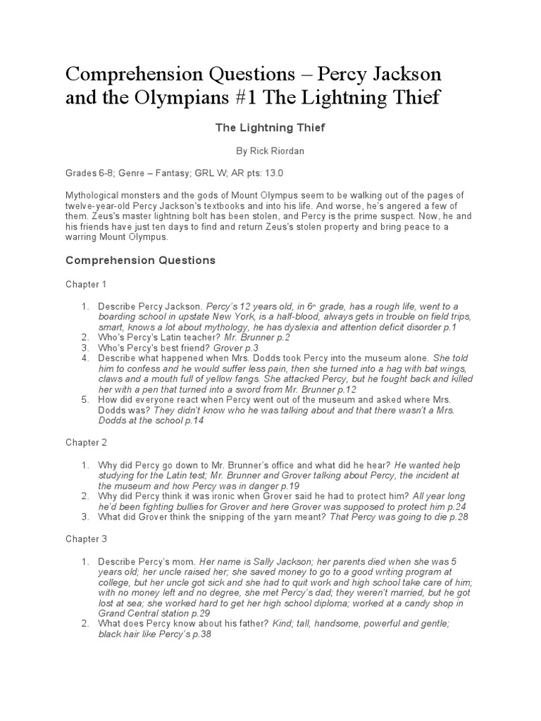 Comprehension Questions - Percy Jackson and The Olympians #1 The ...
