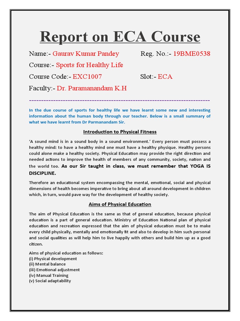 Report On ECA Course: Gaurav Kumar Pandey 19BME0538 Sports For Healthy ...