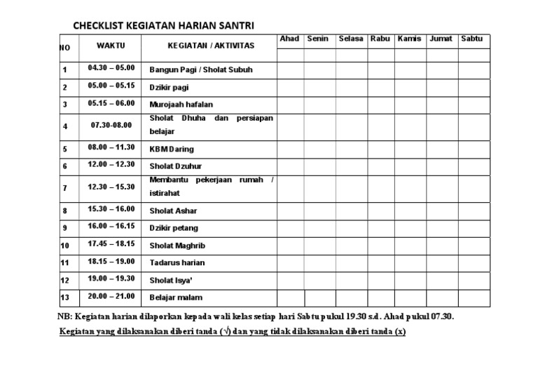 Checklist Kegiatan Harian | PDF
